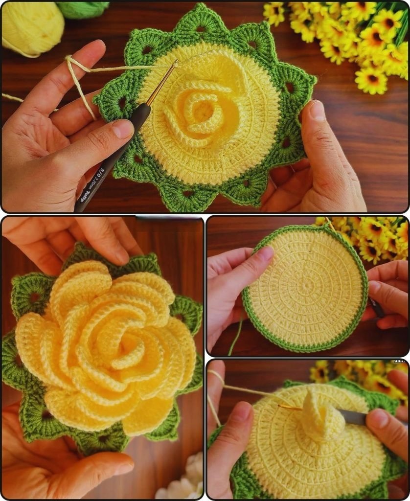 Crochet Leaf Rose Flower - CRAFTSFORLOVE.COM